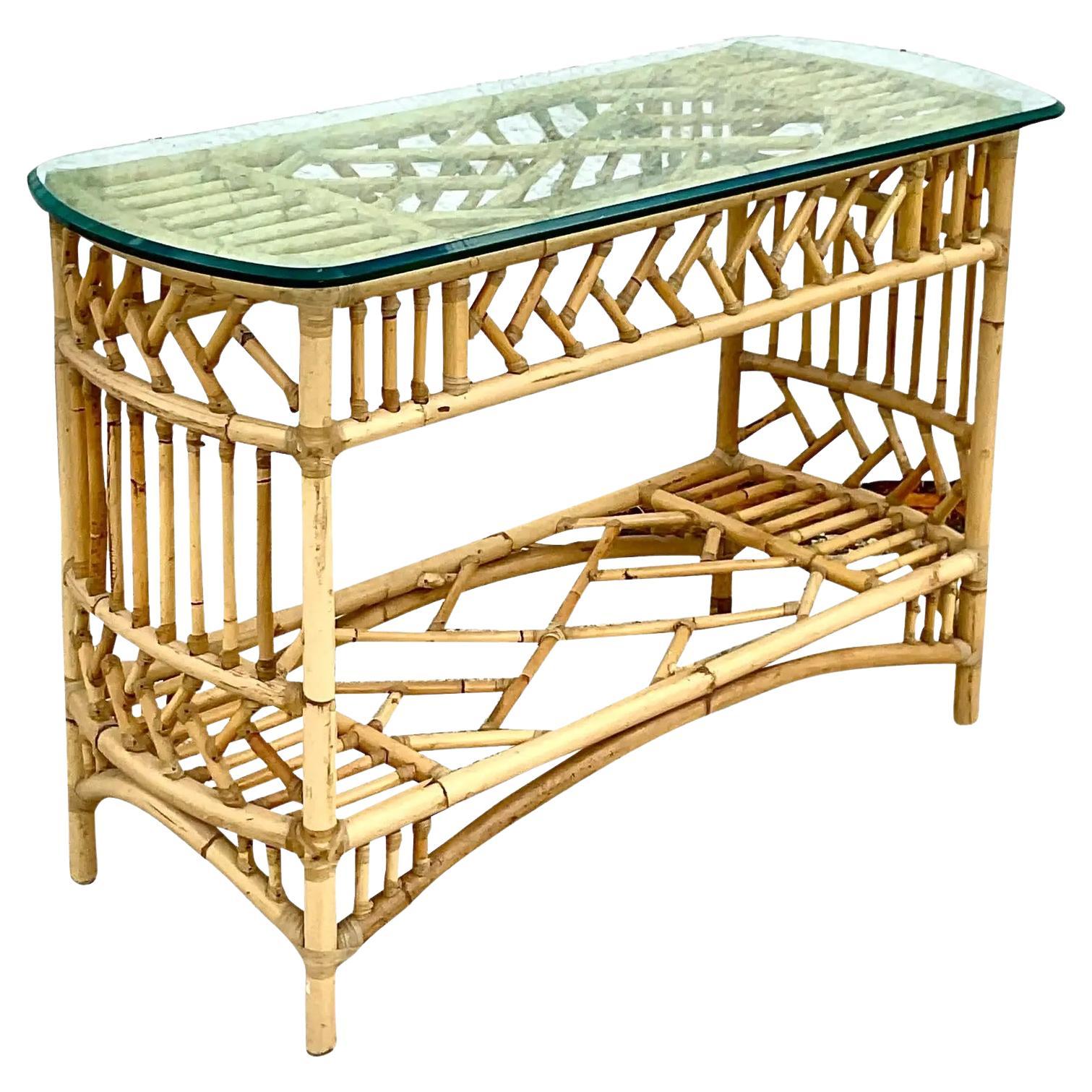 Vintage Coastal Rattan Console Table at 1stDibs