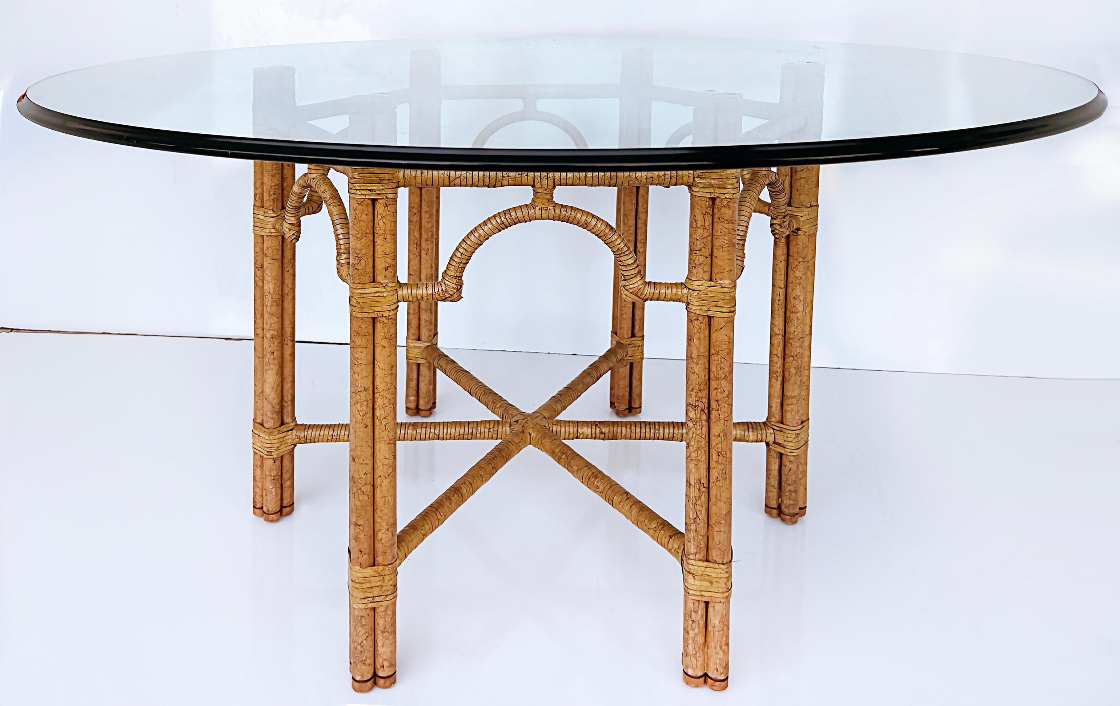 Vintage Coastal Rattan Ficks Reed Dining Table with Glass Top For Sale ...