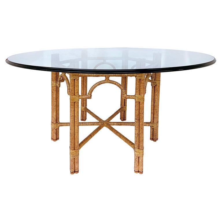 Vintage Coastal Rattan Ficks Reed Dining Table with Glass Top For Sale ...