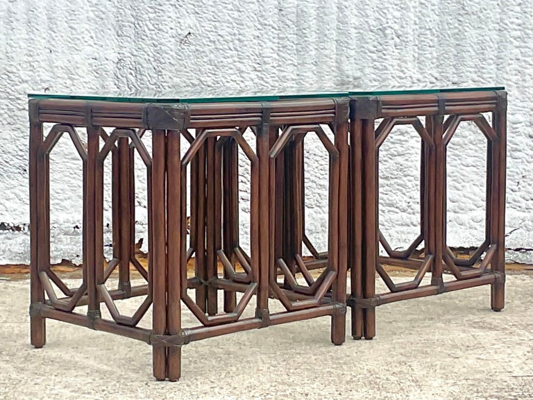 Vintage Coastal Rattan Fretwork Side Tables, a Pair For Sale at 1stDibs