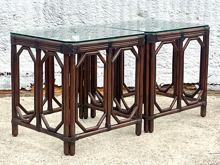 Vintage Coastal Rattan Fretwork Side Tables, a Pair For Sale at 1stDibs