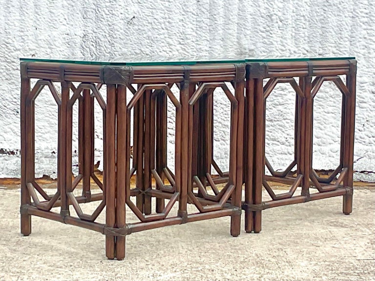 Vintage Coastal Rattan Fretwork Side Tables, a Pair For Sale at 1stDibs