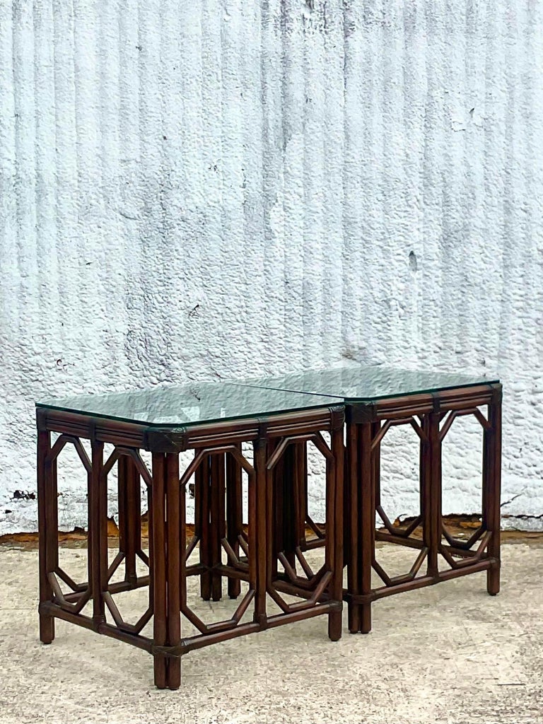 Vintage Coastal Rattan Fretwork Side Tables, a Pair For Sale at 1stDibs