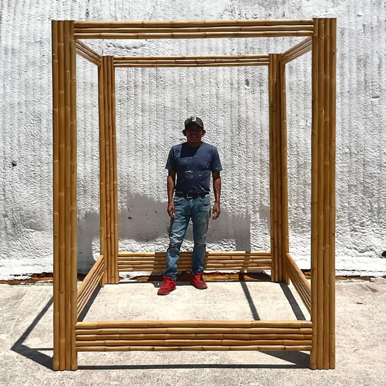 Vintage Coastal Rattan Full Canopy Bed Frame For Sale at 1stDibs