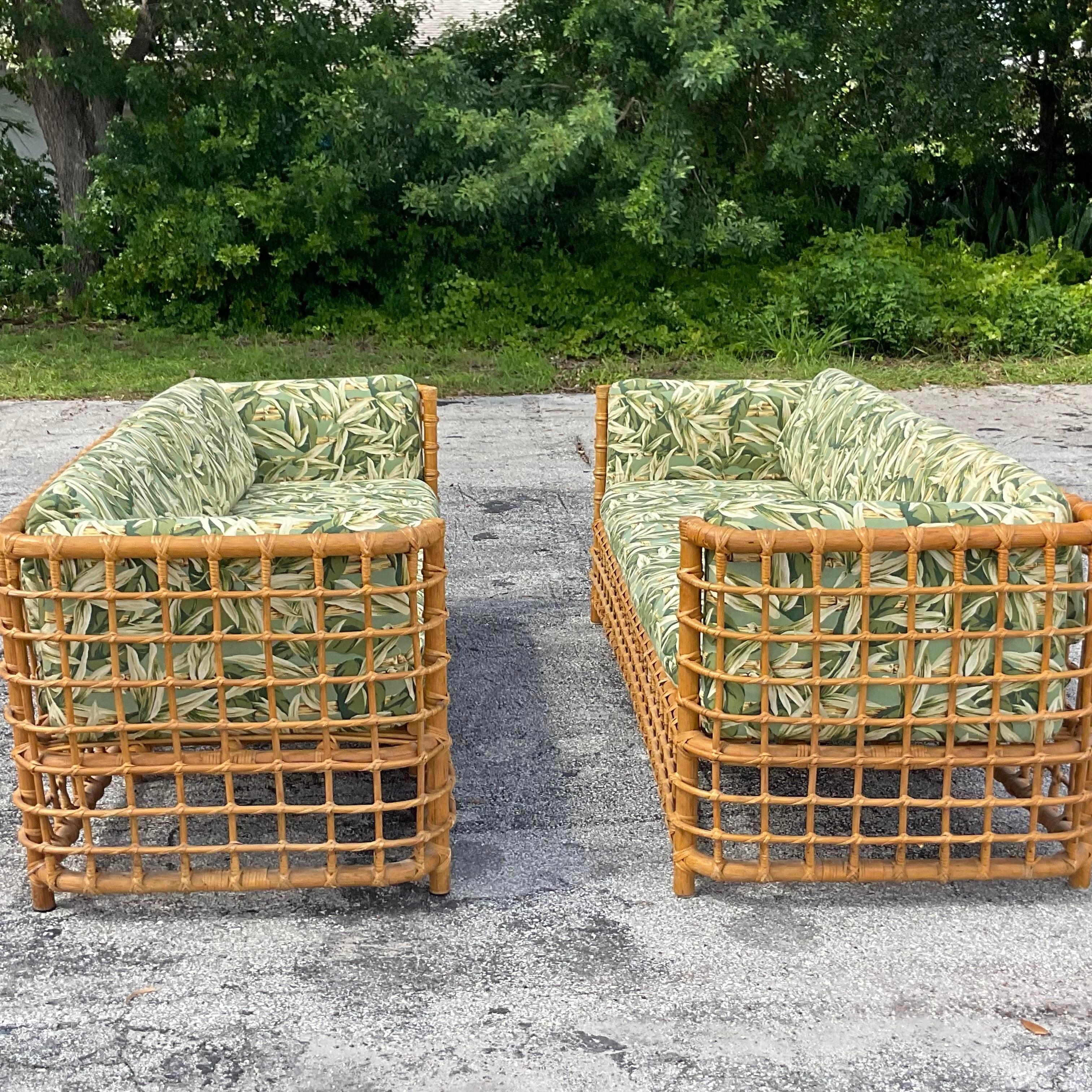 Vintage Coastal Rattan Grid Sofas After Henry Olko for Willow and Reed ...