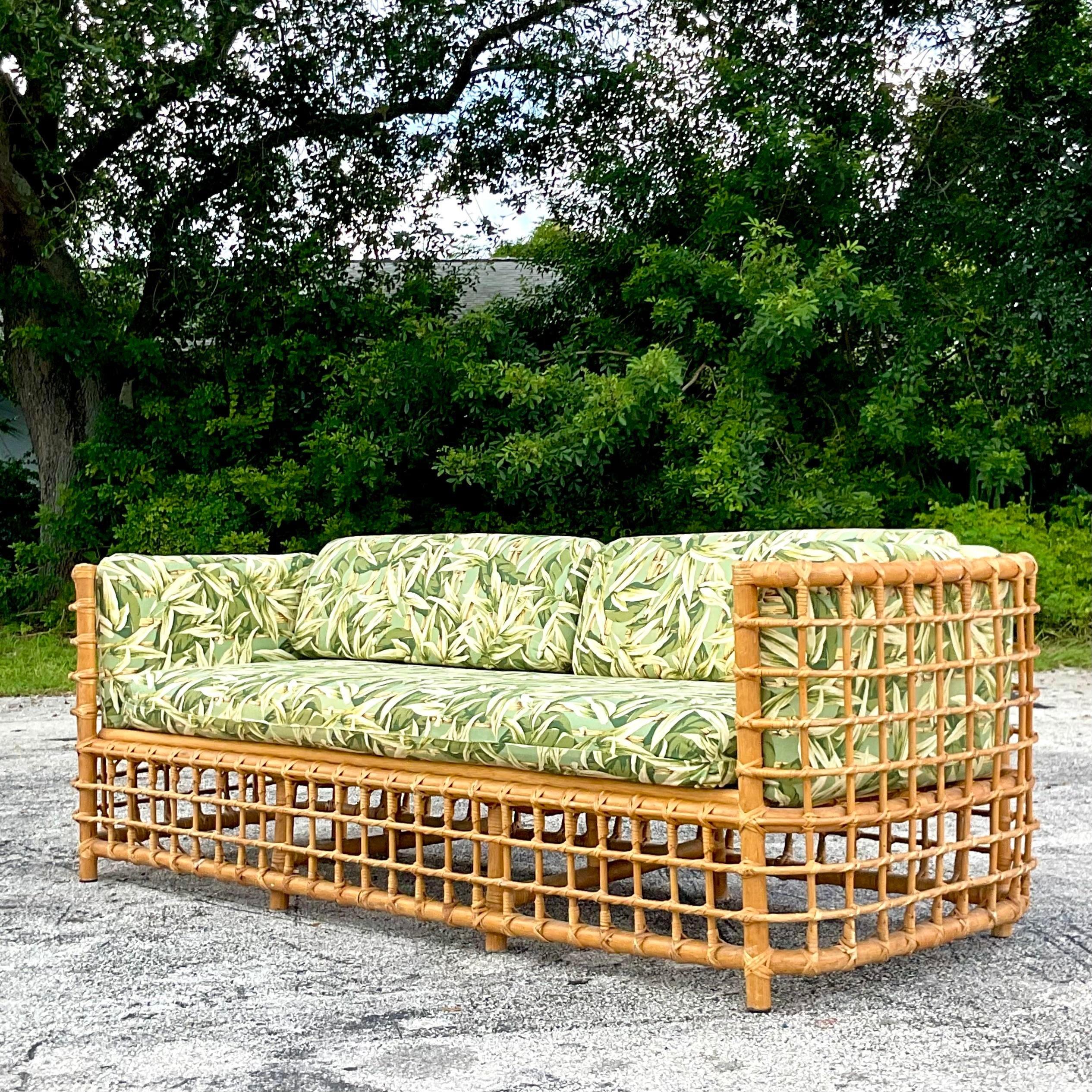 Vintage Coastal Rattan Grid Sofas After Henry Olko for Willow and Reed ...