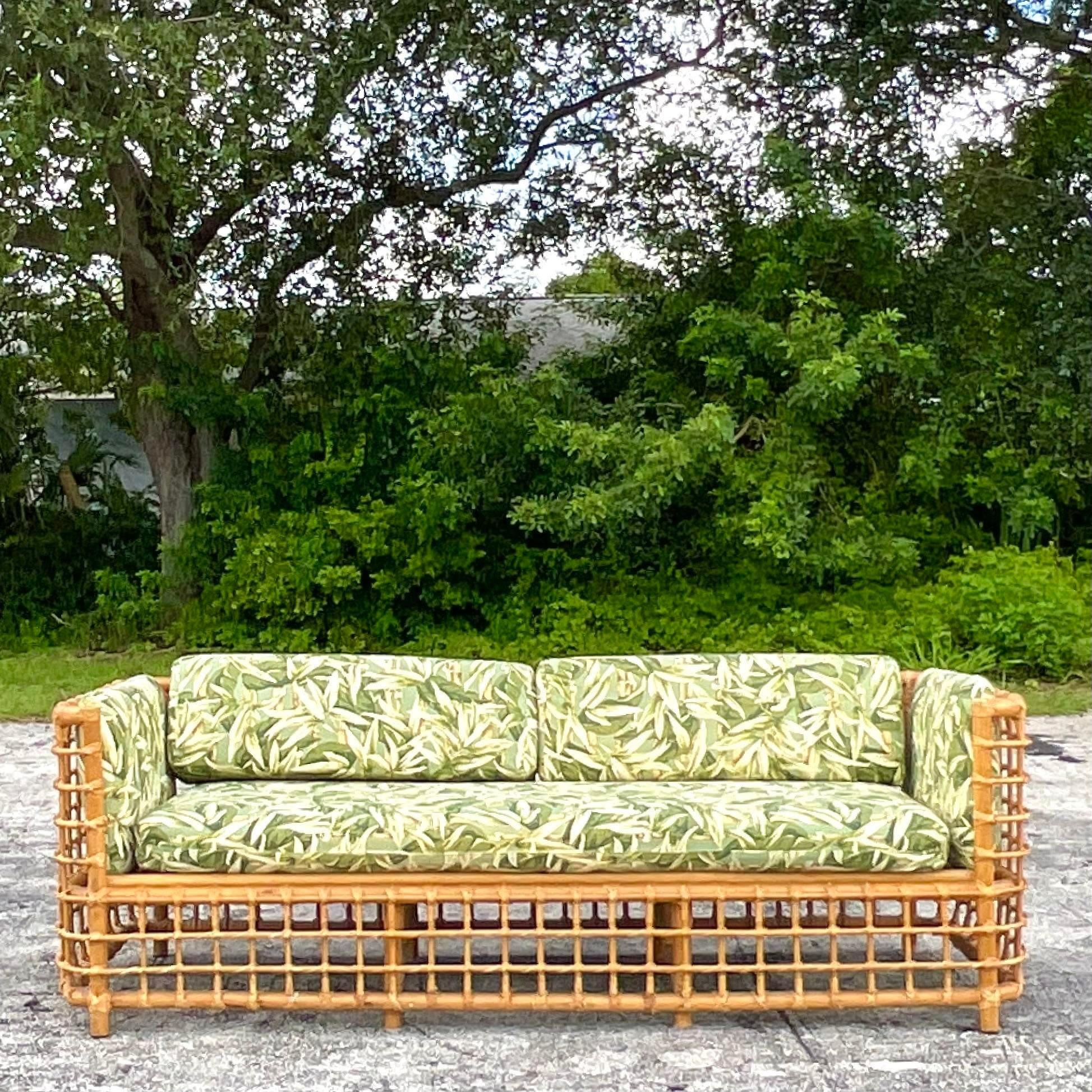 Vintage Coastal Rattan Grid Sofas After Henry Olko for Willow and Reed ...