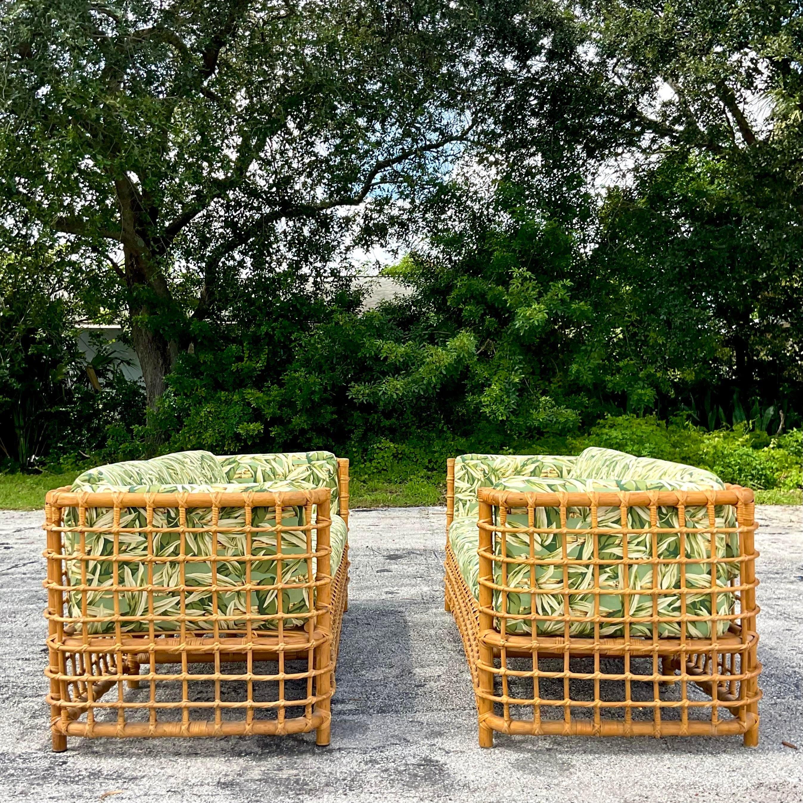 Vintage Coastal Rattan Grid Sofas After Henry Olko for Willow and Reed ...