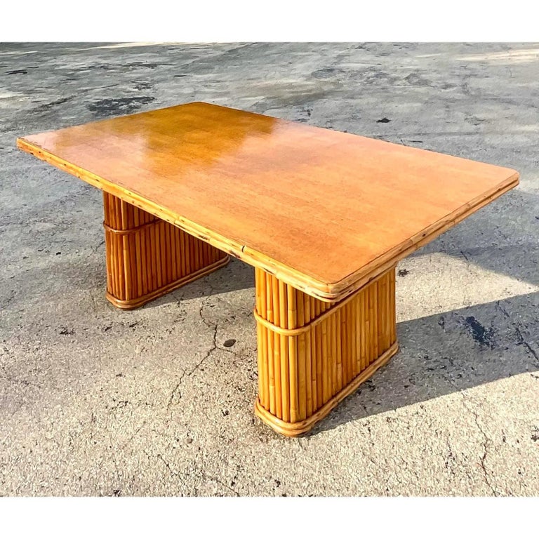 Vintage Coastal Rattan Pedestal Dining Table For Sale at 1stDibs