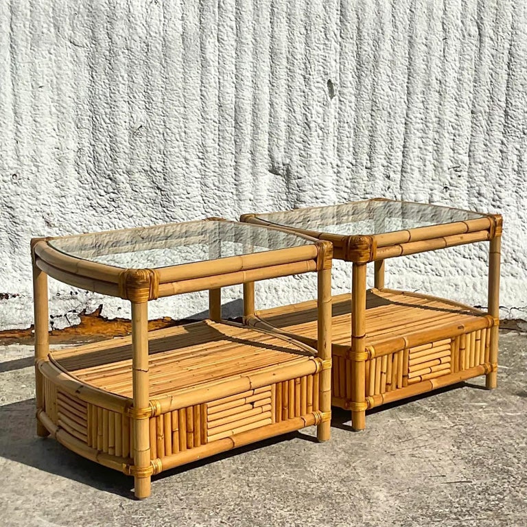 Vintage Coastal Rattan Side Tables, a Pair at 1stDibs