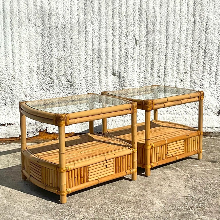 Vintage Coastal Rattan Side Tables, a Pair at 1stDibs