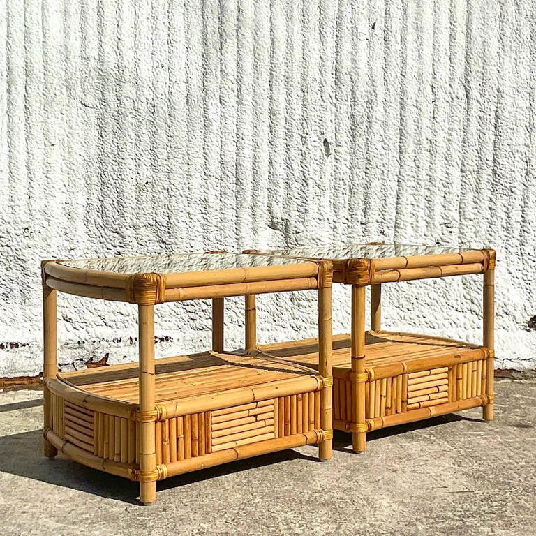 Vintage Coastal Rattan Side Tables, a Pair at 1stDibs