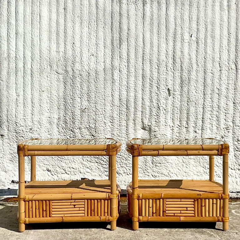 Vintage Coastal Rattan Side Tables, a Pair at 1stDibs