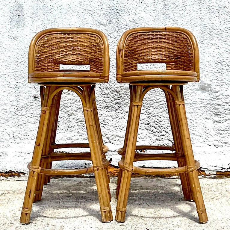 Vintage Coastal Rattan Swivel Bar Stools, Set of Four at 1stDibs ...
