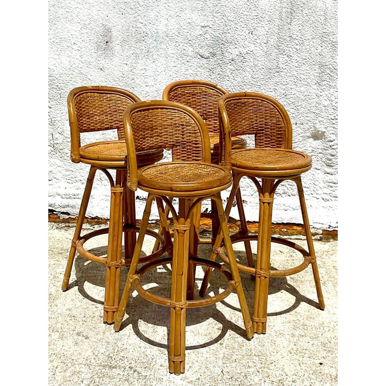 Vintage Coastal Rattan Swivel Bar Stools, Set of Four at 1stDibs ...