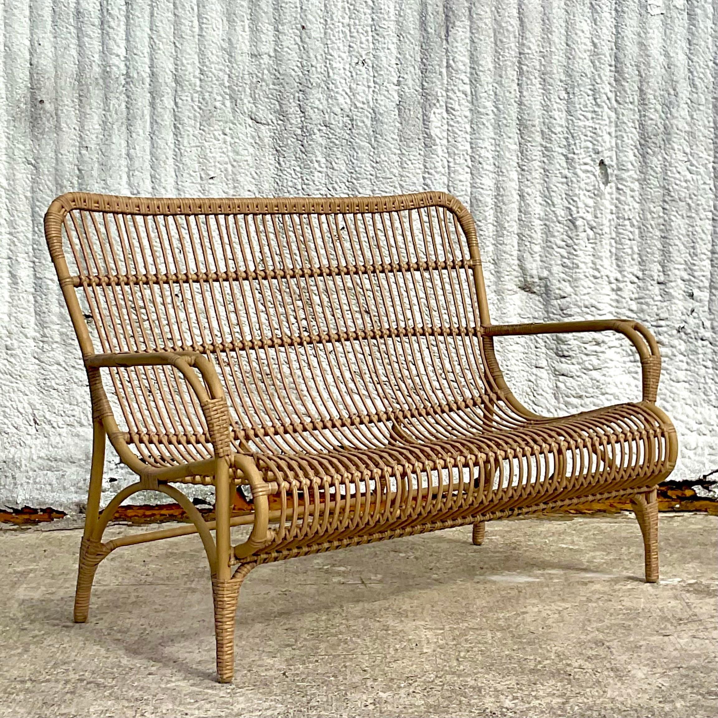 Vintage Coastal Resin Rattan Loveseat at 1stDibs | vintage rattan loveseat