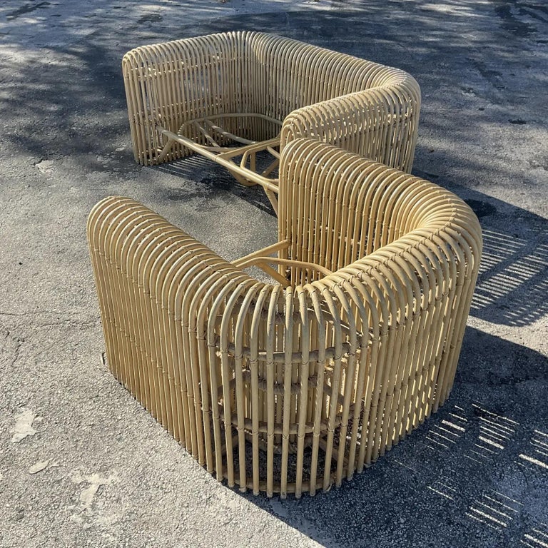 Vintage Coastal Ribbed Rattan Loveseat and Chair Set After Henry Olko ...