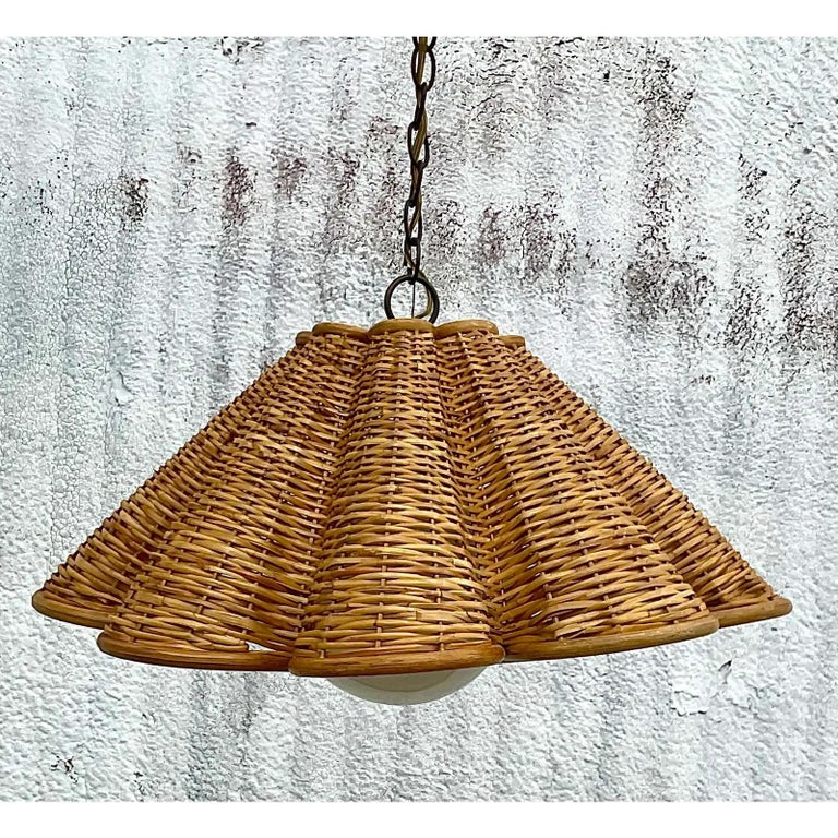 Vintage Coastal Scalloped Rattan Chandelier For Sale at 1stDibs
