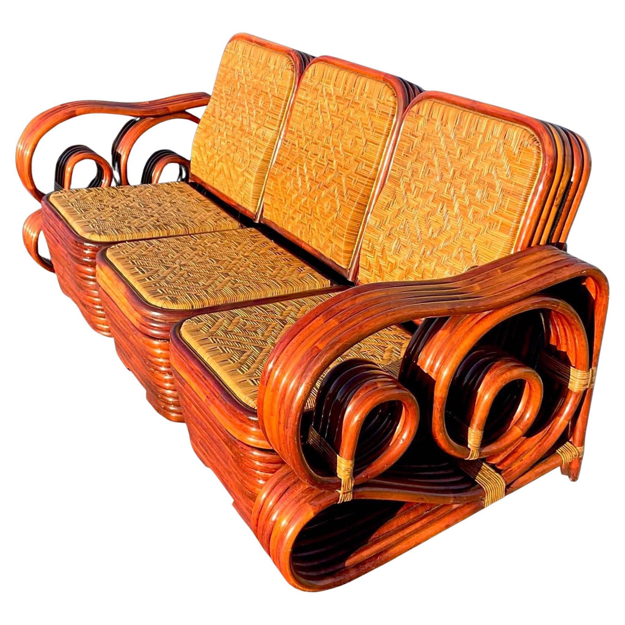 Vintage Coastal John Roselli Woven Rattan Sofa For Sale at 1stDibs