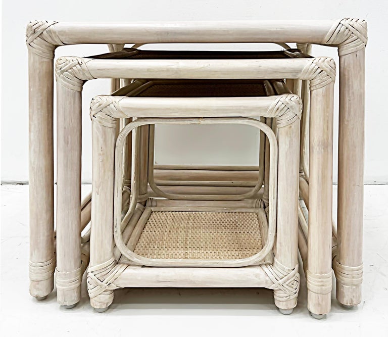 Vintage Coastal Set of 3 Rattan and Cane Nesting Tables For Sale at 1stDibs