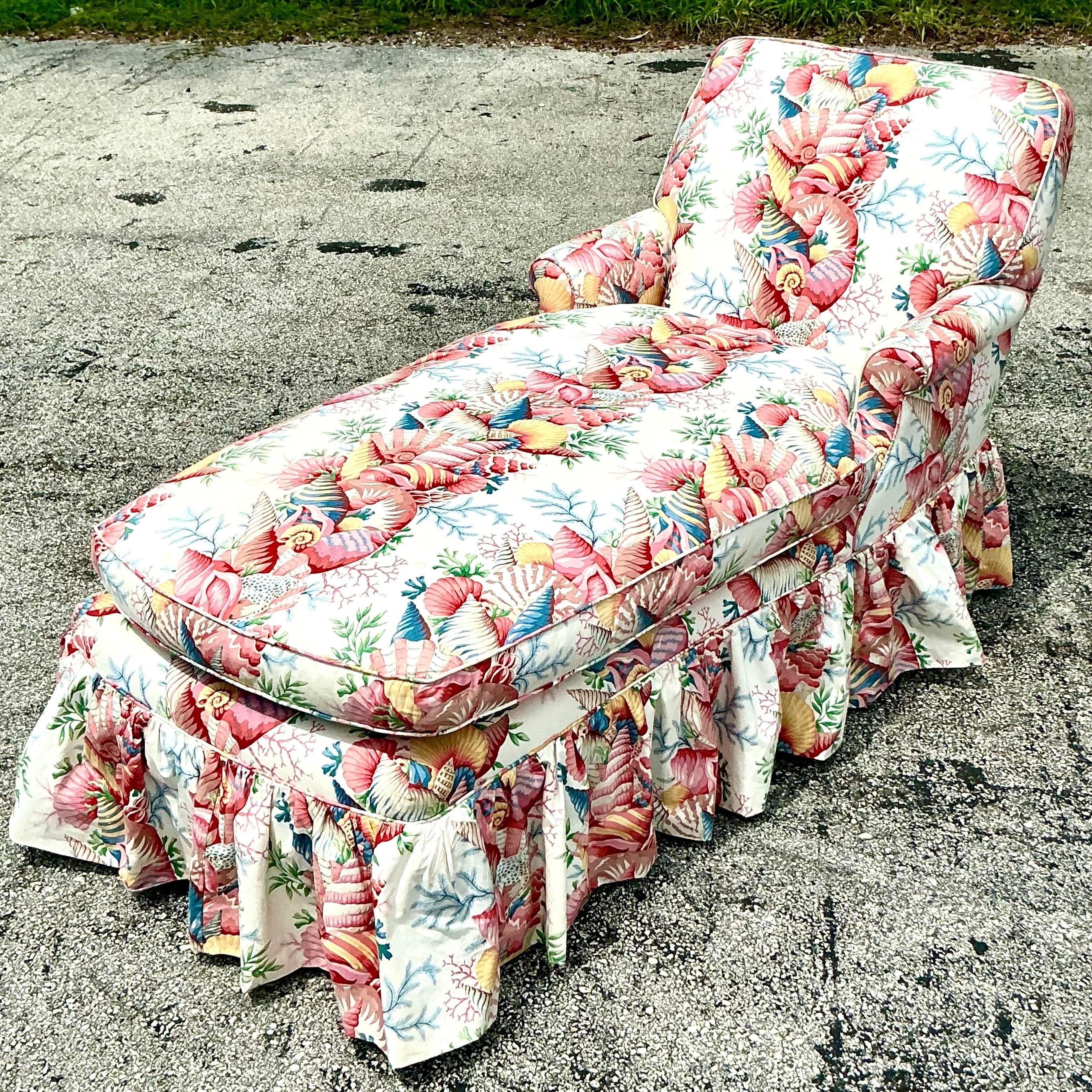 Vintage Coastal Shell Chinz Chaise Lounge For Sale at 1stDibs