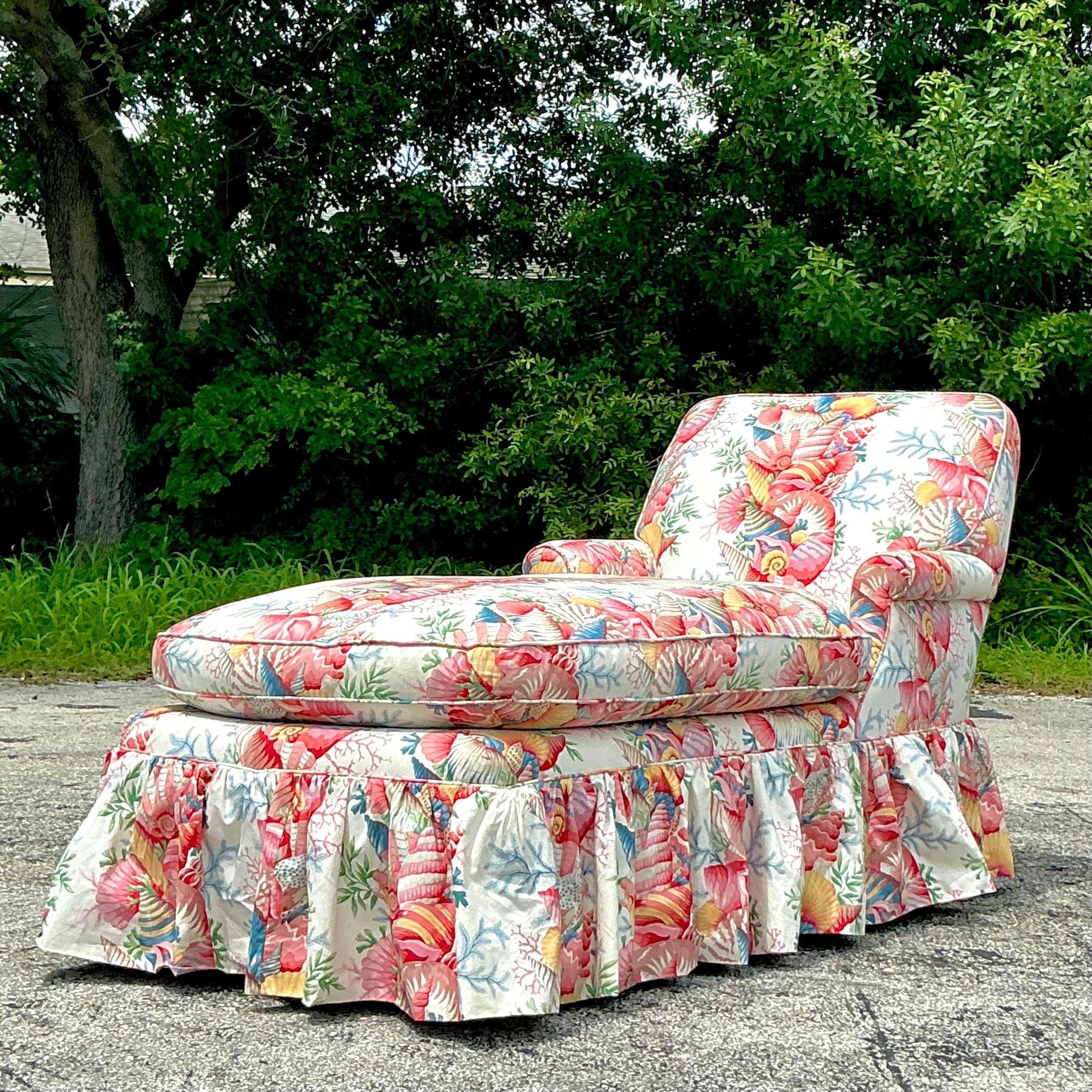 Vintage Coastal Shell Chinz Chaise Lounge For Sale at 1stDibs