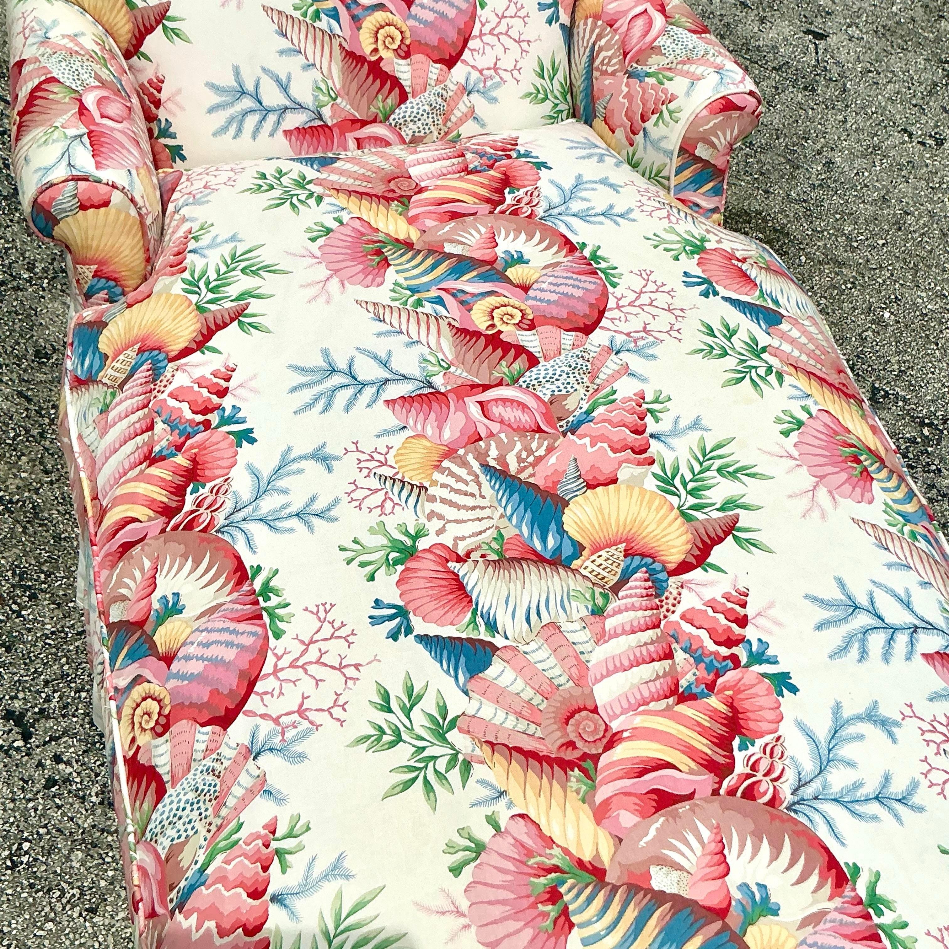 Vintage Coastal Shell Chinz Chaise Lounge For Sale at 1stDibs