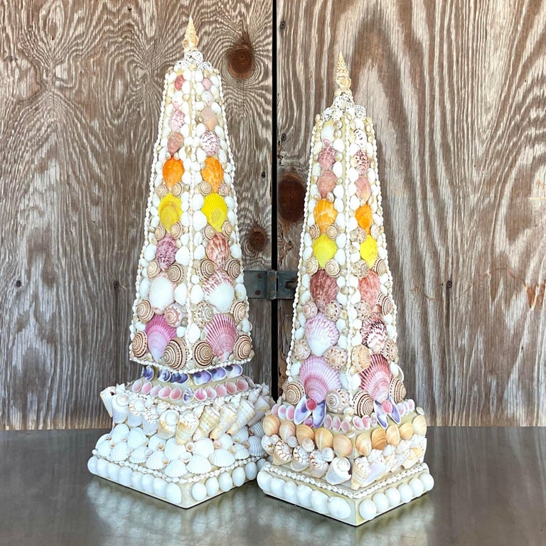 Vintage Coastal Shell Encrusted Obelisks, Set of 2 For Sale at 1stDibs