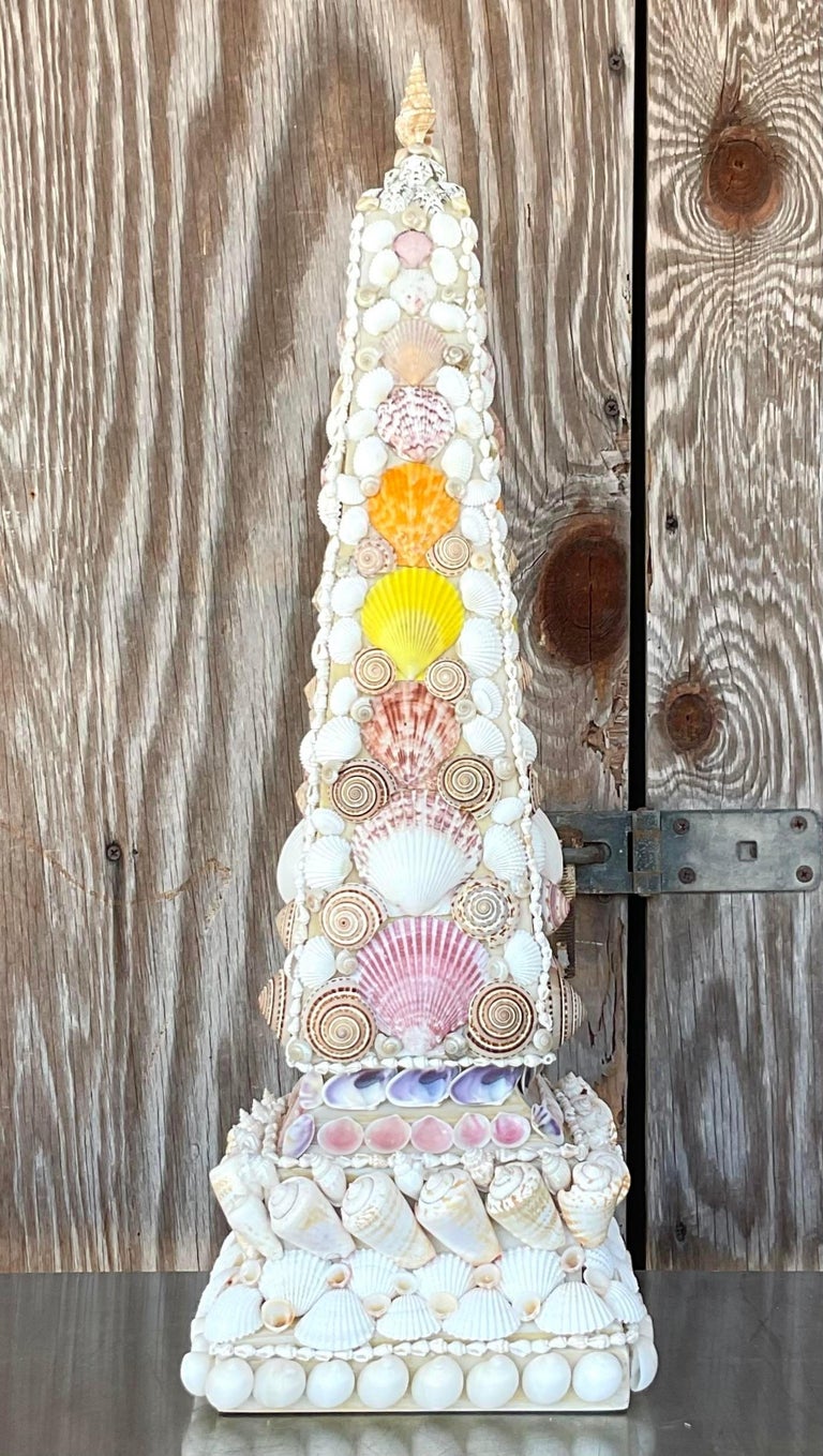 Vintage Coastal Shell Encrusted Obelisks, Set of 2 For Sale at 1stDibs