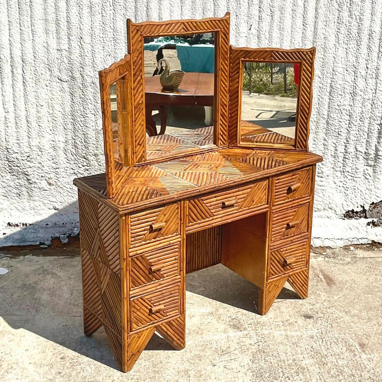 Vintage Coastal Split Rattan Vanity For Sale at 1stDibs