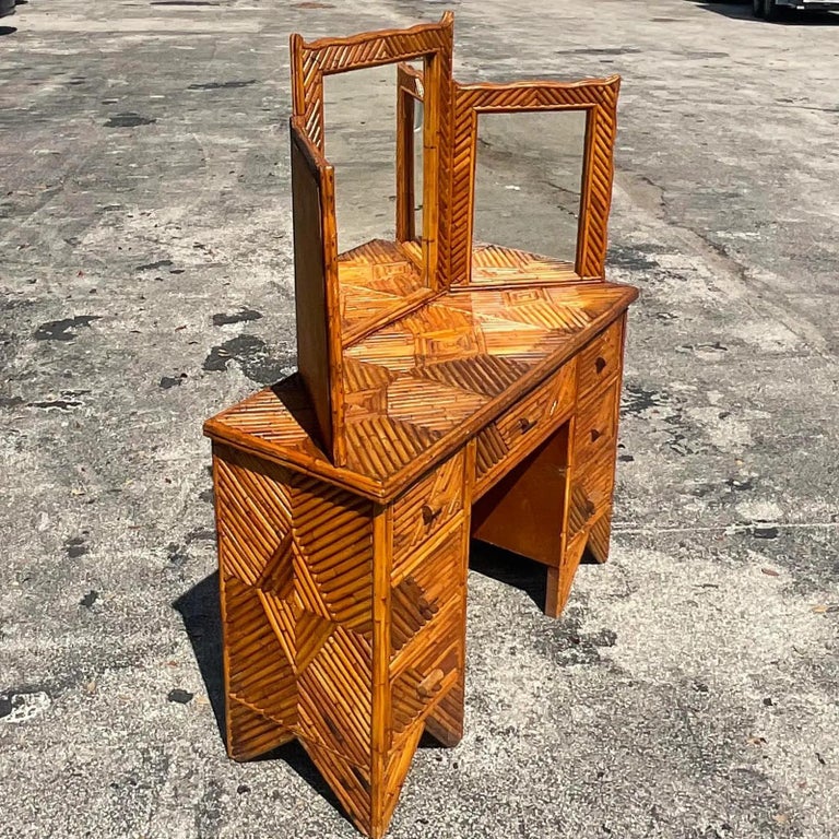 Vintage Coastal Split Rattan Vanity For Sale at 1stDibs