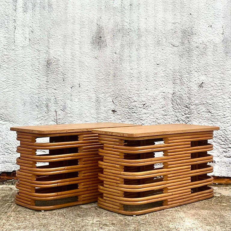 Vintage Coastal Stacked Rattan Side Tables After Frankl For Sale at 1stDibs