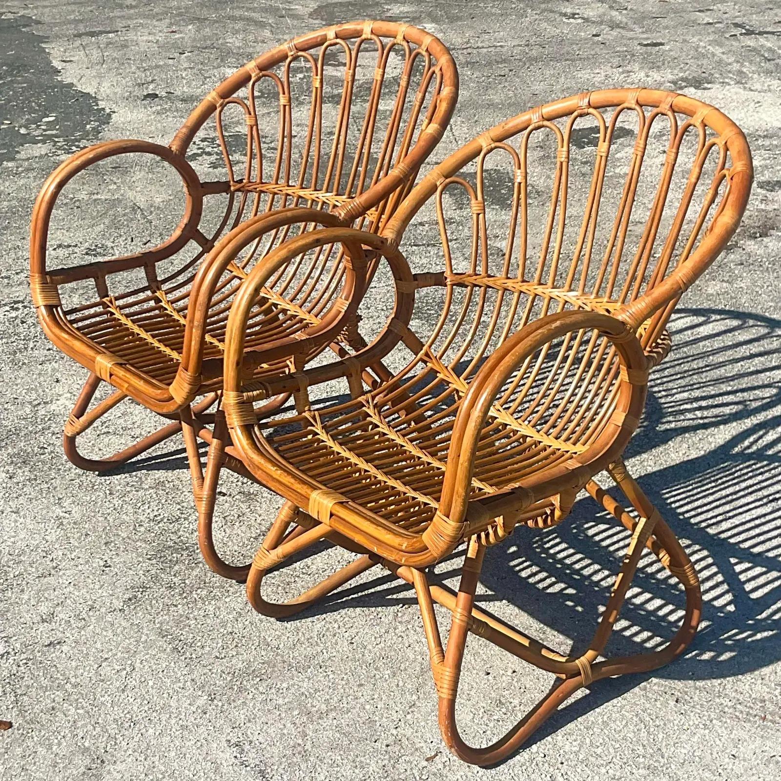Vintage Coastal Stick Rattan Lounge Chairs, a Pair at 1stDibs