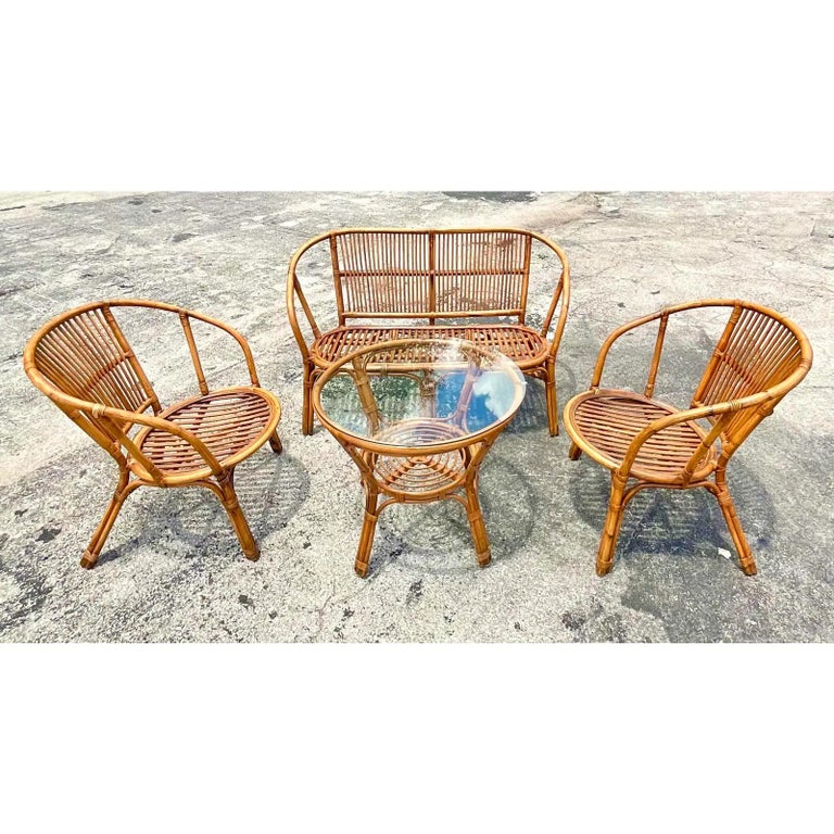 Vintage Coastal Stick Rattan Loveseat Set For Sale at 1stDibs