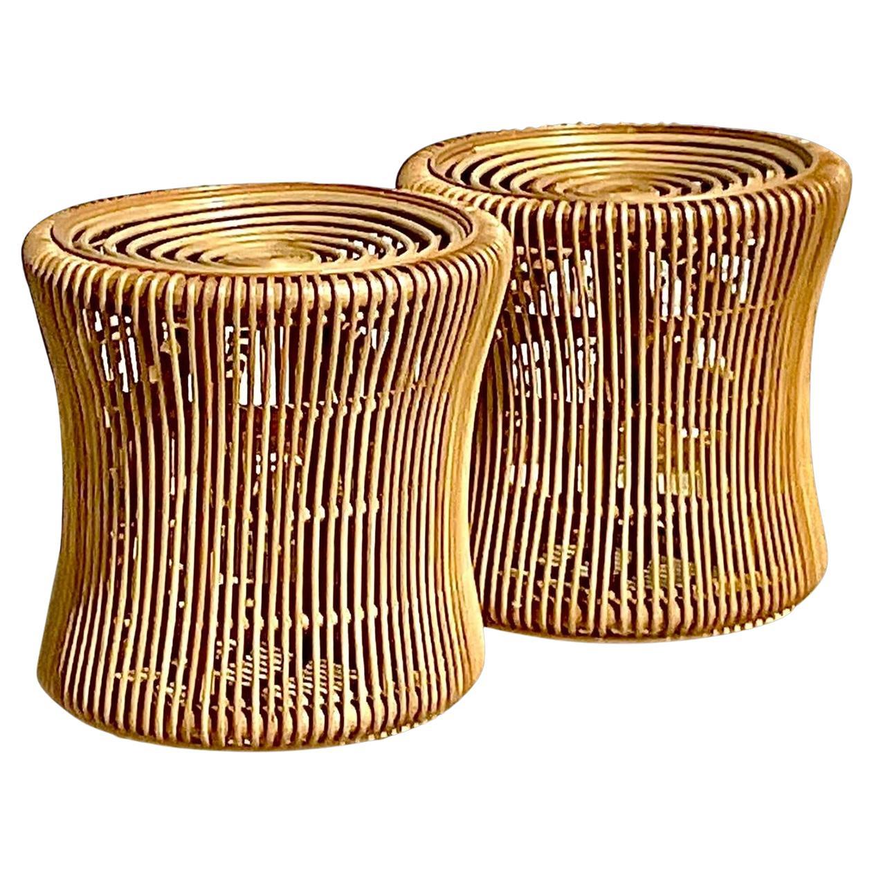 Vintage Coastal Woven Rattan Side Tables - a Pair For Sale at 1stDibs