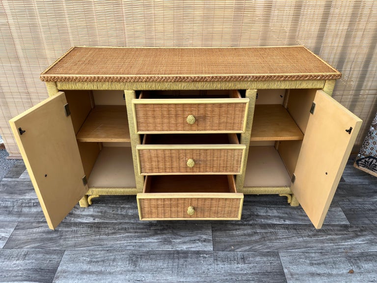 Vintage Coastal Style Wicker Sideboard/ Buffet with Hutch by Henry Link ...
