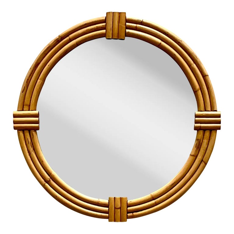 Vintage Coastal Three Strand Rattan Round Mirror For Sale at 1stDibs
