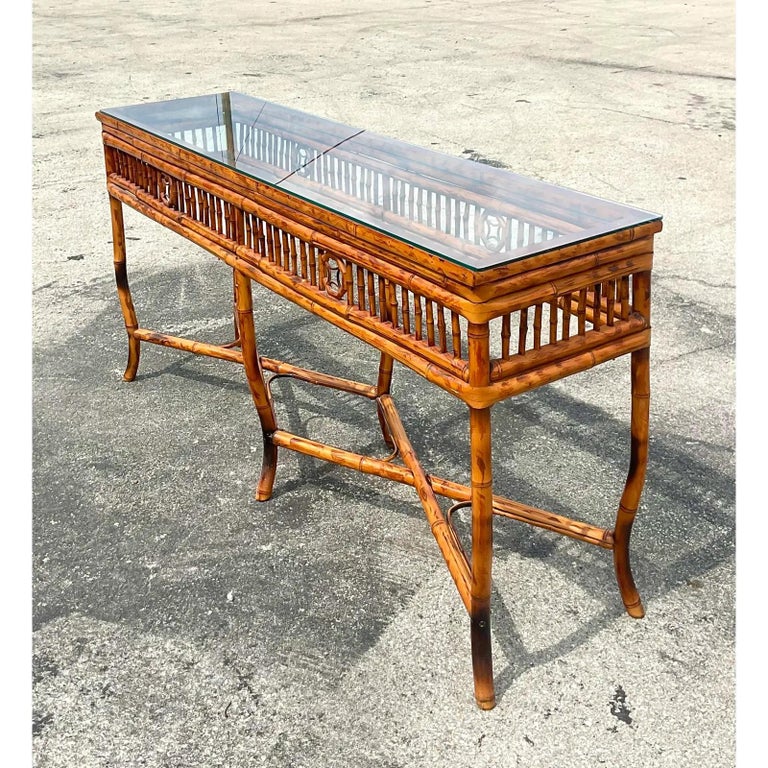 Vintage Coastal Tortoise Shell Rattan Console Table at 1stDibs