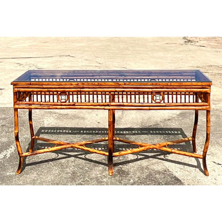 Vintage Coastal Tortoise Shell Rattan Console Table at 1stDibs