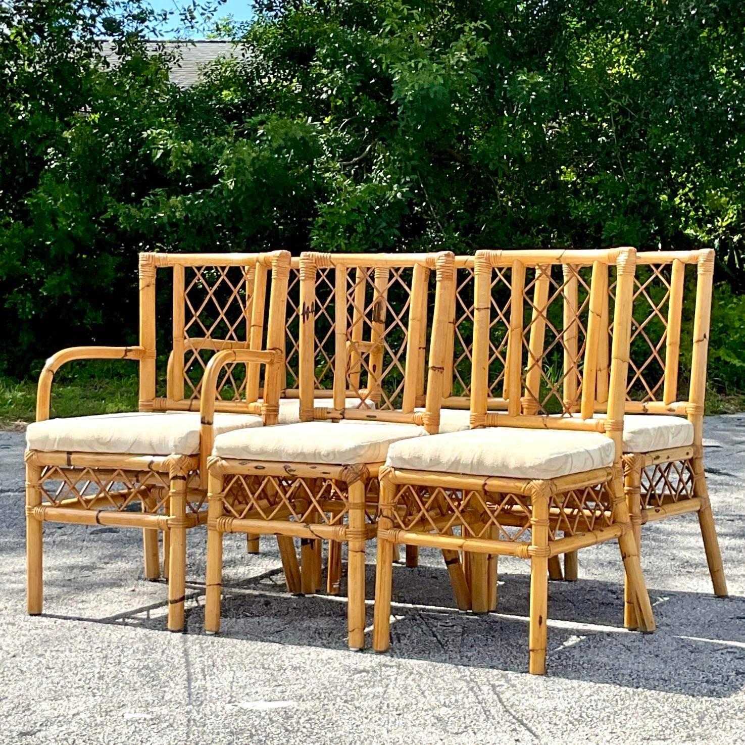 Vintage Coastal Trellis Rattan Dining Chairs - Set of 6 For Sale at 1stDibs