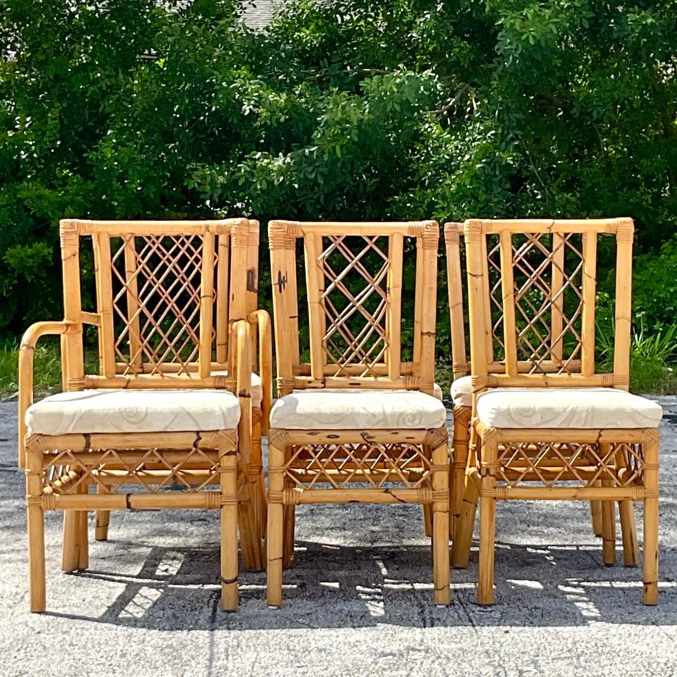 Vintage Coastal Trellis Rattan Dining Chairs - Set of 6 For Sale at 1stDibs
