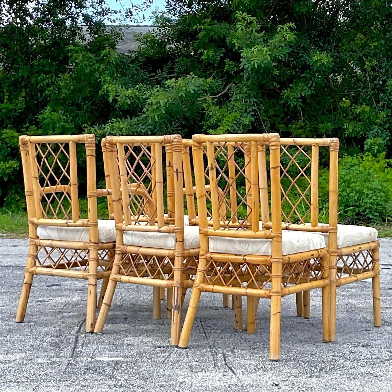 Vintage Coastal Trellis Rattan Dining Chairs - Set of 6 For Sale at 1stDibs
