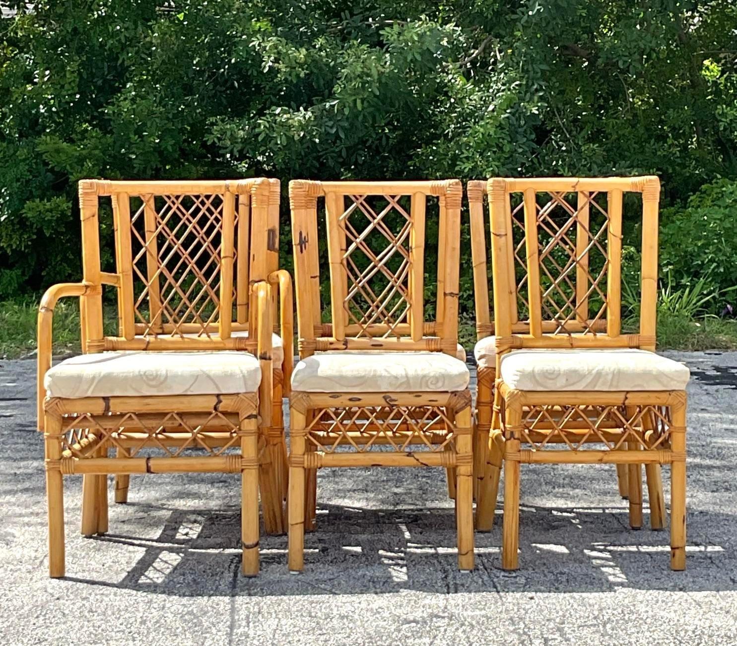 Vintage Coastal Trellis Rattan Dining Chairs - Set of 6 For Sale at 1stDibs