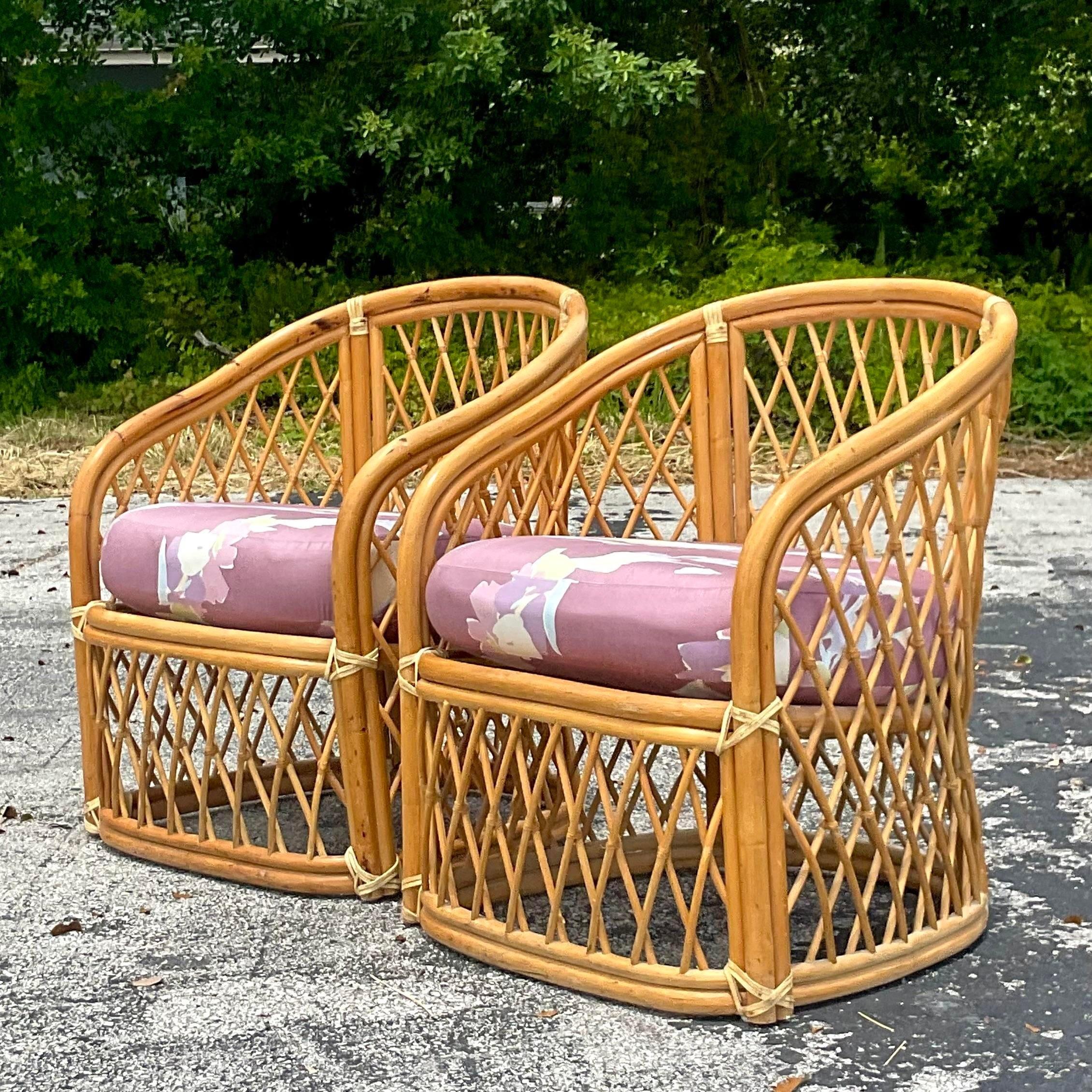 Vintage Coastal Trellis Rattan Lounge Chairs - a Pair For Sale at 1stDibs