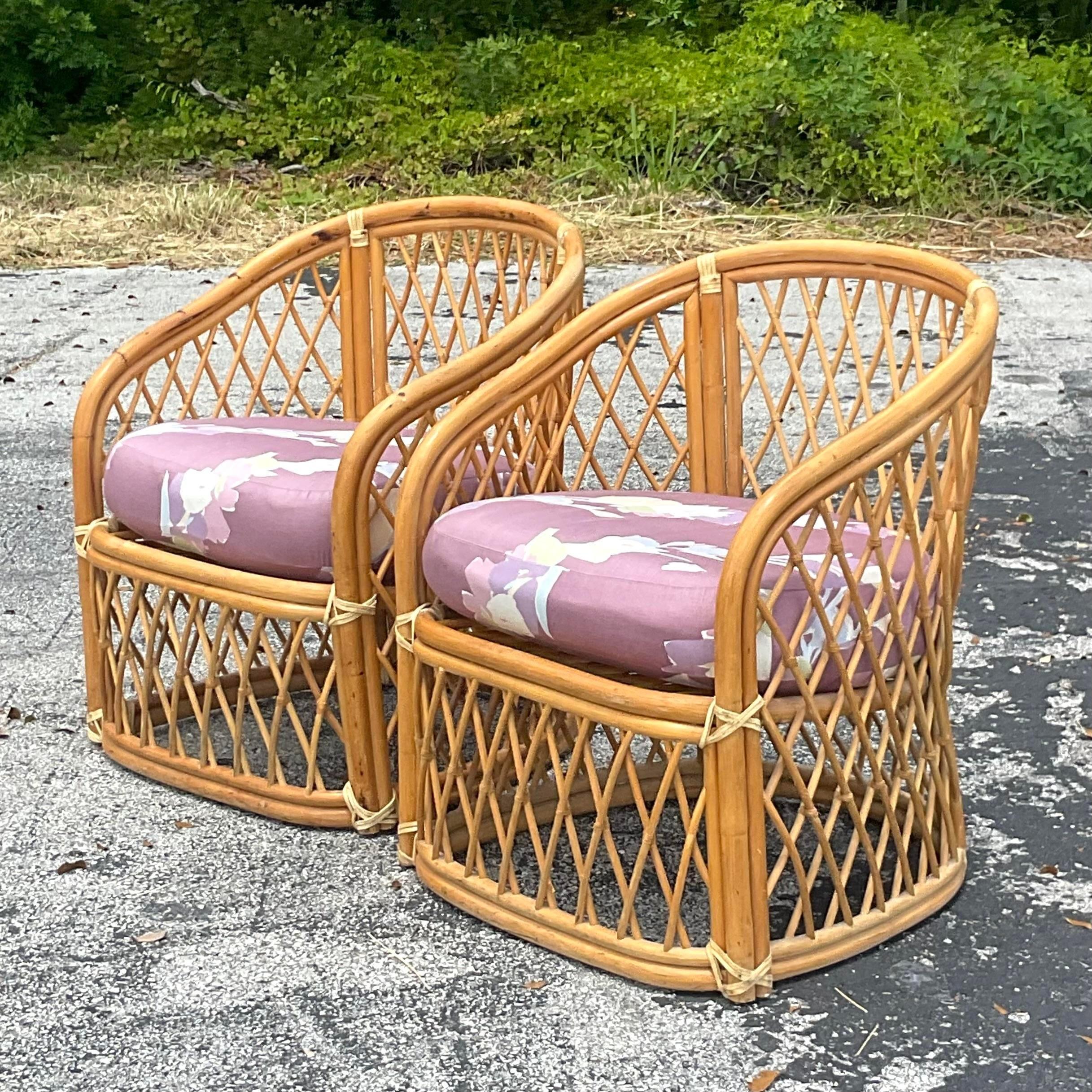 Vintage Coastal Trellis Rattan Lounge Chairs - a Pair For Sale at 1stDibs