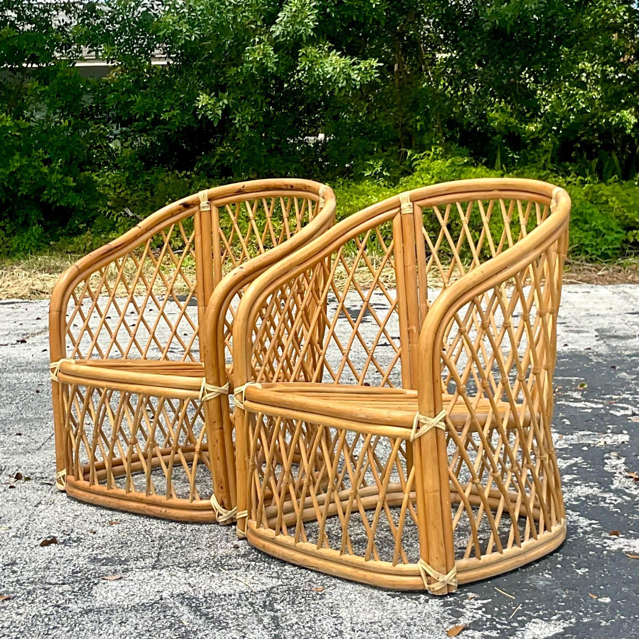 Vintage Coastal Trellis Rattan Lounge Chairs - a Pair For Sale at 1stDibs