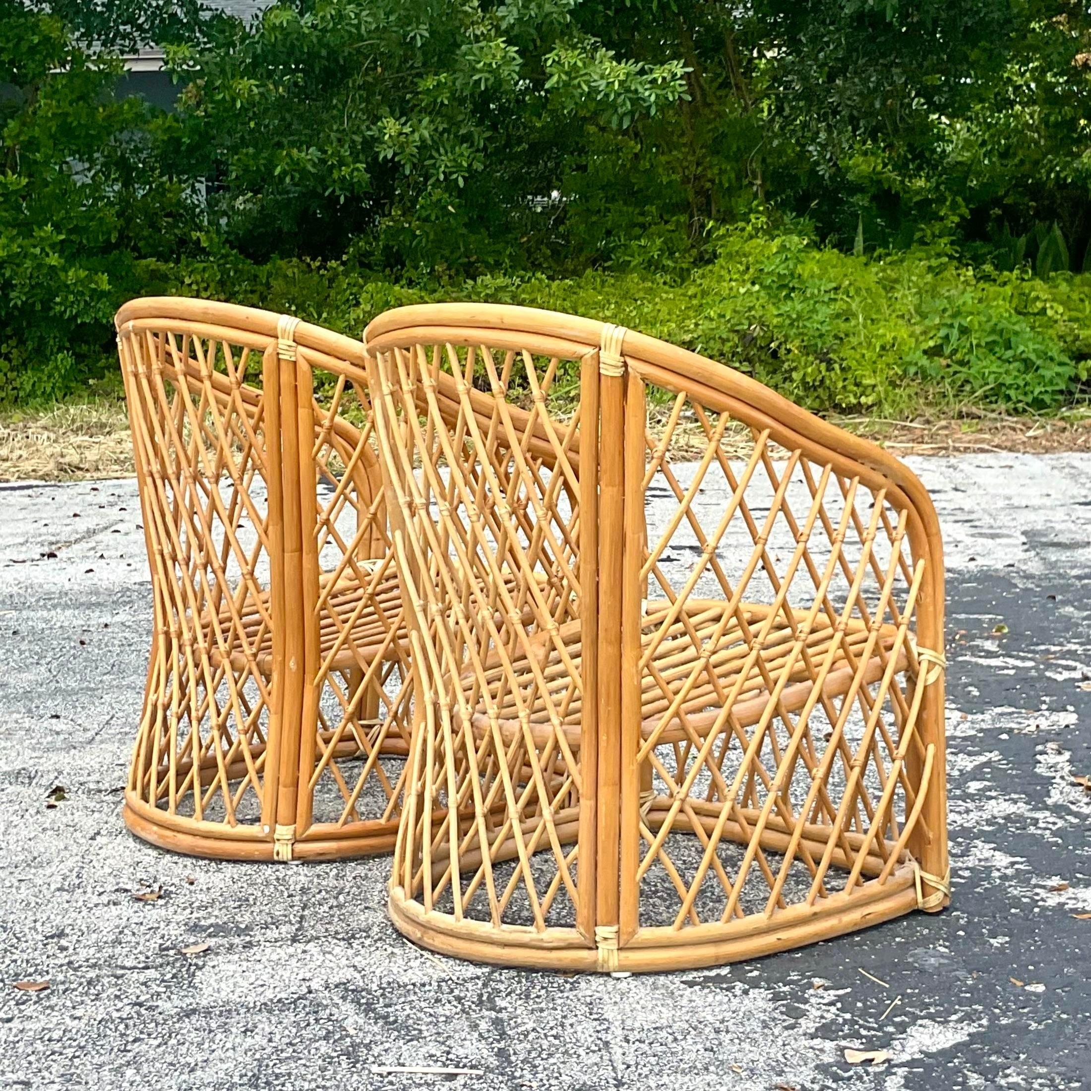 Vintage Coastal Trellis Rattan Lounge Chairs - a Pair For Sale at 1stDibs