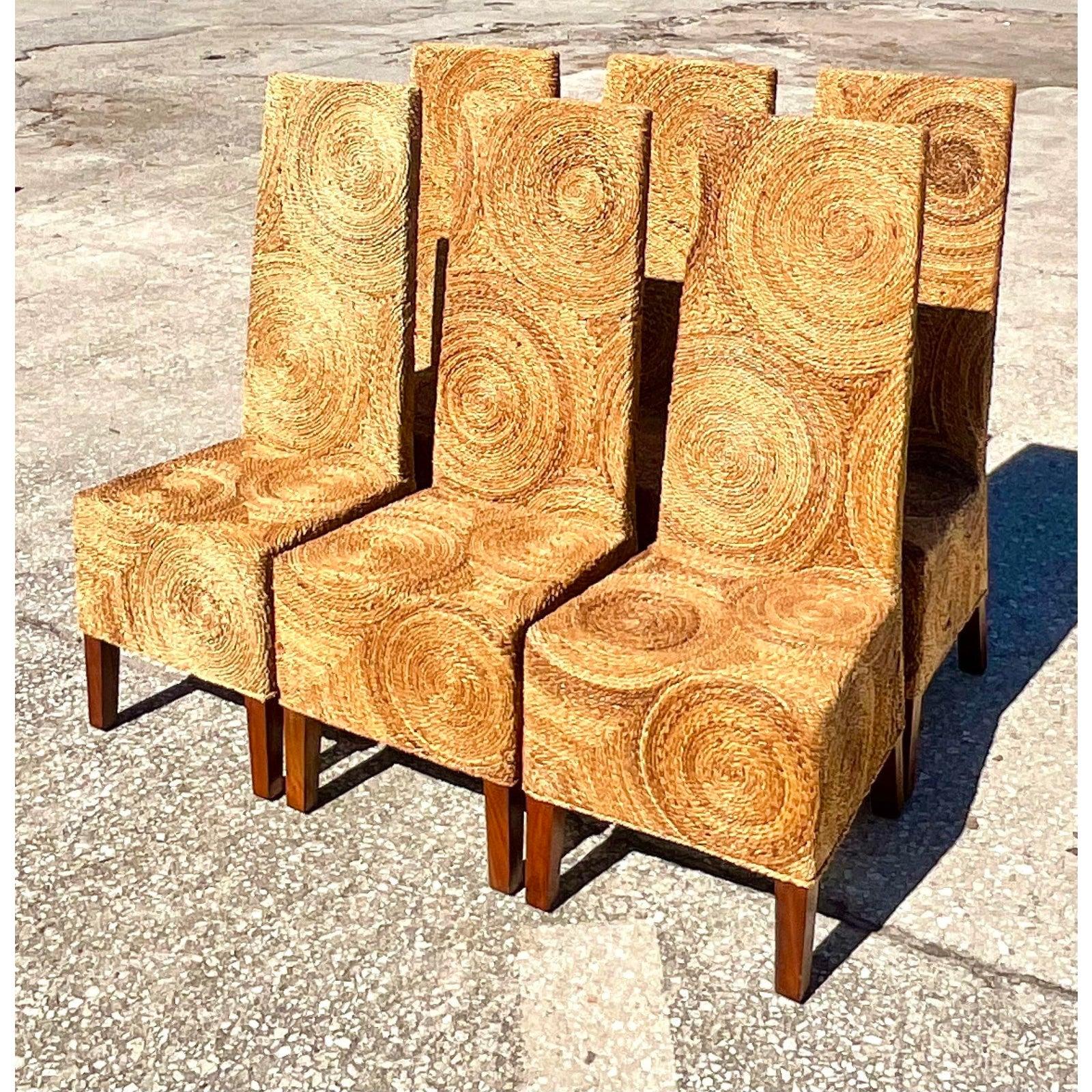 Vintage Coastal Twisted Rattan Circles Dining Chairs, Set of 6 For Sale ...