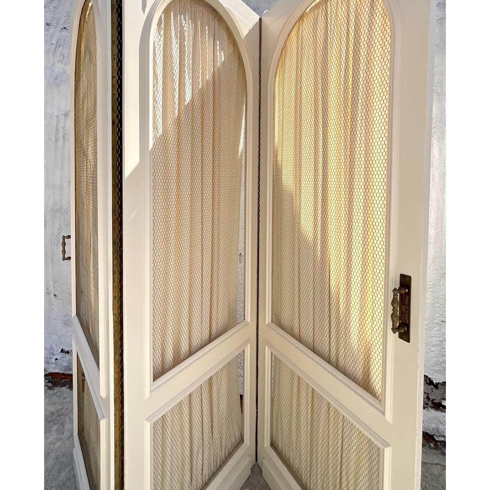 Vintage Coastal Wire Mesh French Door Folding Screen at 1stDibs