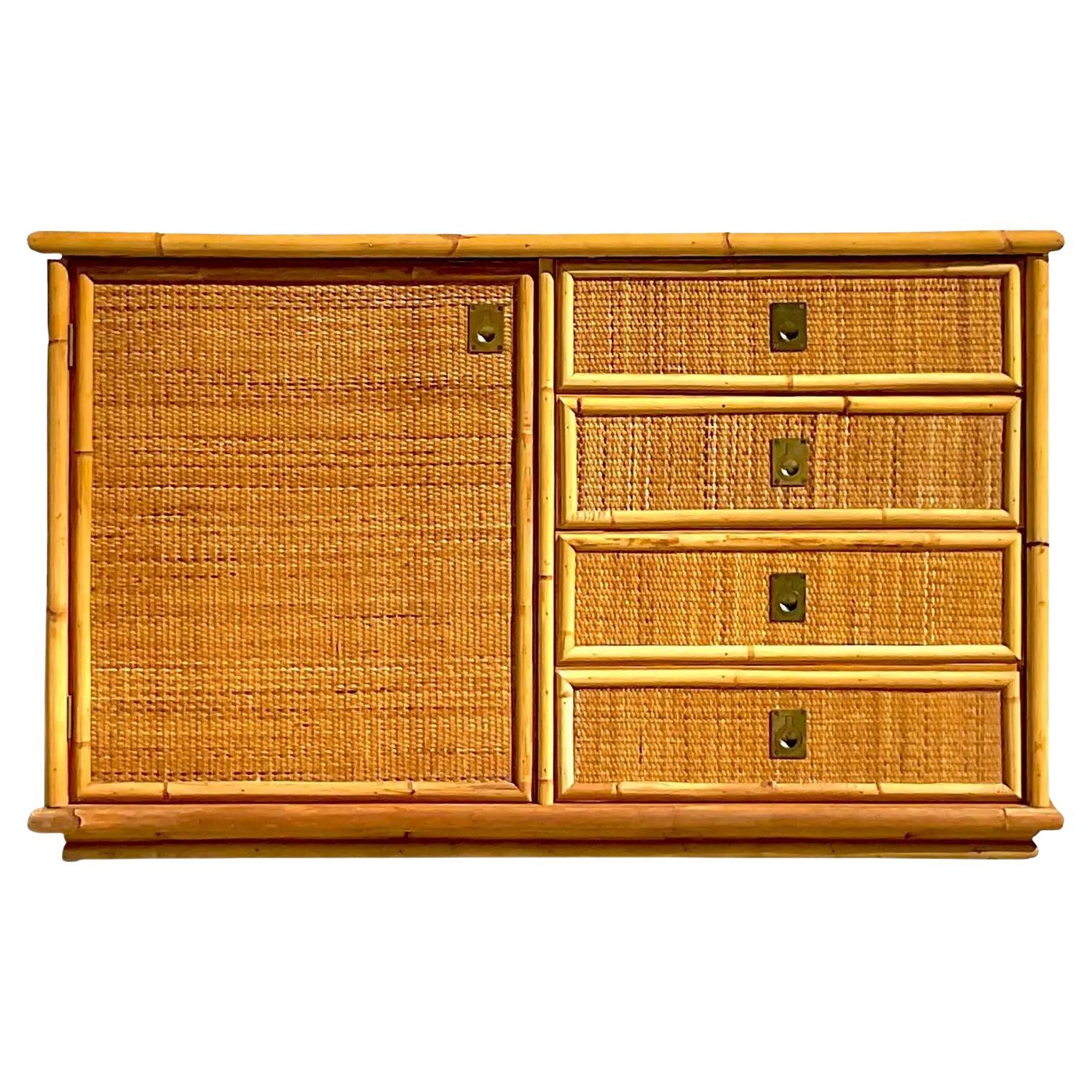 Vintage Coastal Woven Light Rattan Credenza For Sale at 1stDibs
